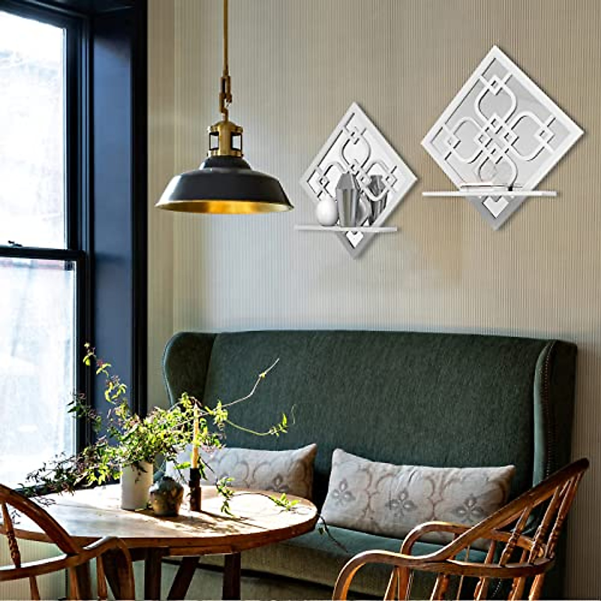 ZEXUIRU 2 Set Mirrored Shelves Wall Decor Wood Rustic Floating Shelves Geometric Diamond Shape Carving Frame Hanging Wall Art (White Set)