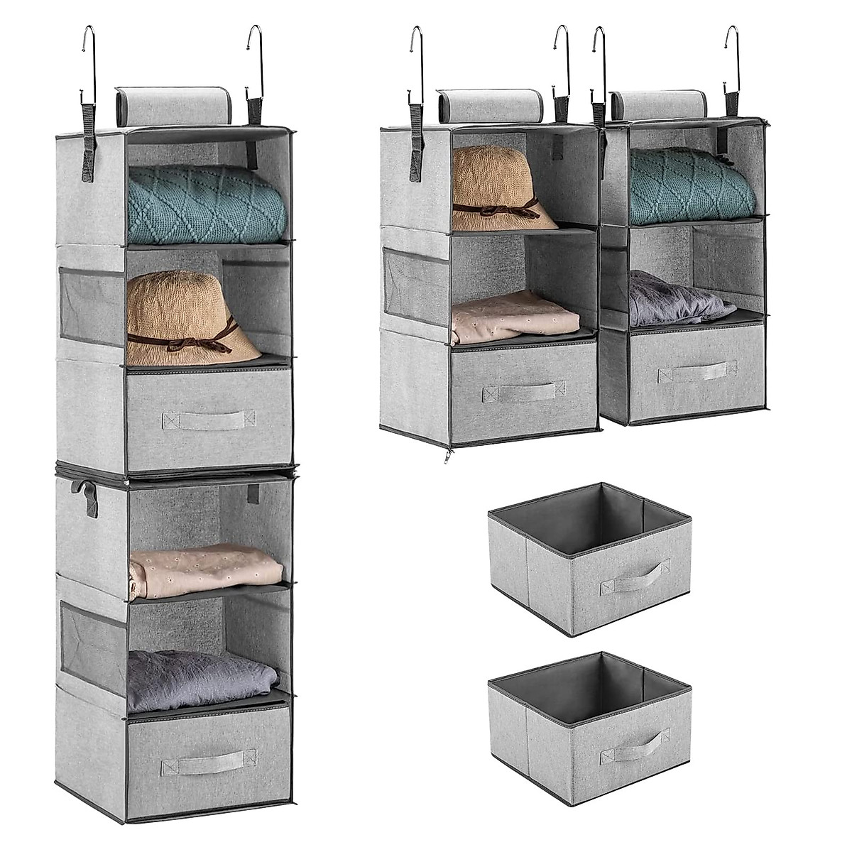 YOUDENOVA Hanging Closet Organizers and Storage, Two 3-Shelf Closet Hanging Shelves with Drawers, Canvas, Beige
