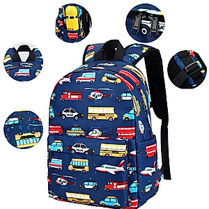 LEDAOU Toddler Kids Backpack for Boys Car Pattern Preschool Kindergarten School Backpack Bookbag School Bag with Chest Strap (Car Airplane)