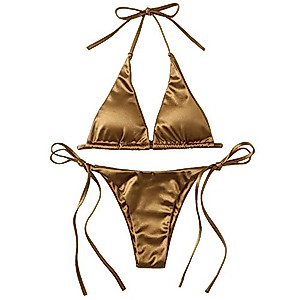 SOLY HUX Women's Metallic Halter Top Two Piece Swimsuit Tie Side Triangle Thong Bikini Bathing Swimwear Gold M