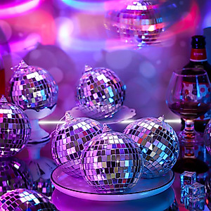Yookeer 12 Pack 4 Inch Mirror Disco Ball Decorations Small Silver Hanging Ornaments Reflective with Attached String for Ring DJ Stage Lighting Effect for School Festival Fun 50s 60s 70s Party Decor