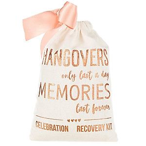 10 Pcs 5"x7" Bridal Shower Party Gift Bags - ROSE GOLD Foil "HANGOVERS" - Bachelorette Hangover Kit Bags - Cotton Recovery Kit Bags - Muslin Drawstring Bag for Bridal Shower Wedding Party