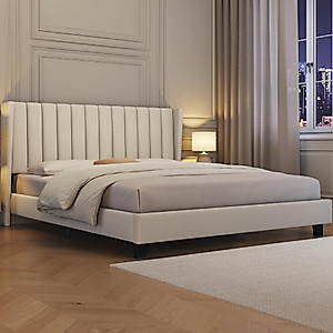 Yaheetech King Bed Frame Upholstered Platform Bed with Fabric Headboard, Wing Edge Design/Non-Slip and Noise-Free/Wooden Slats Support/No Box Spring Needed/Easy Assembly, Beige King Bed