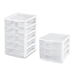 Sterilite 5 Drawer Plastic Modular Desk Storage Bin Unit, 4 Pack, and 3 Drawer Plastic Modular Desk Storage Bin Unit, 4 Pack, for Home Organization