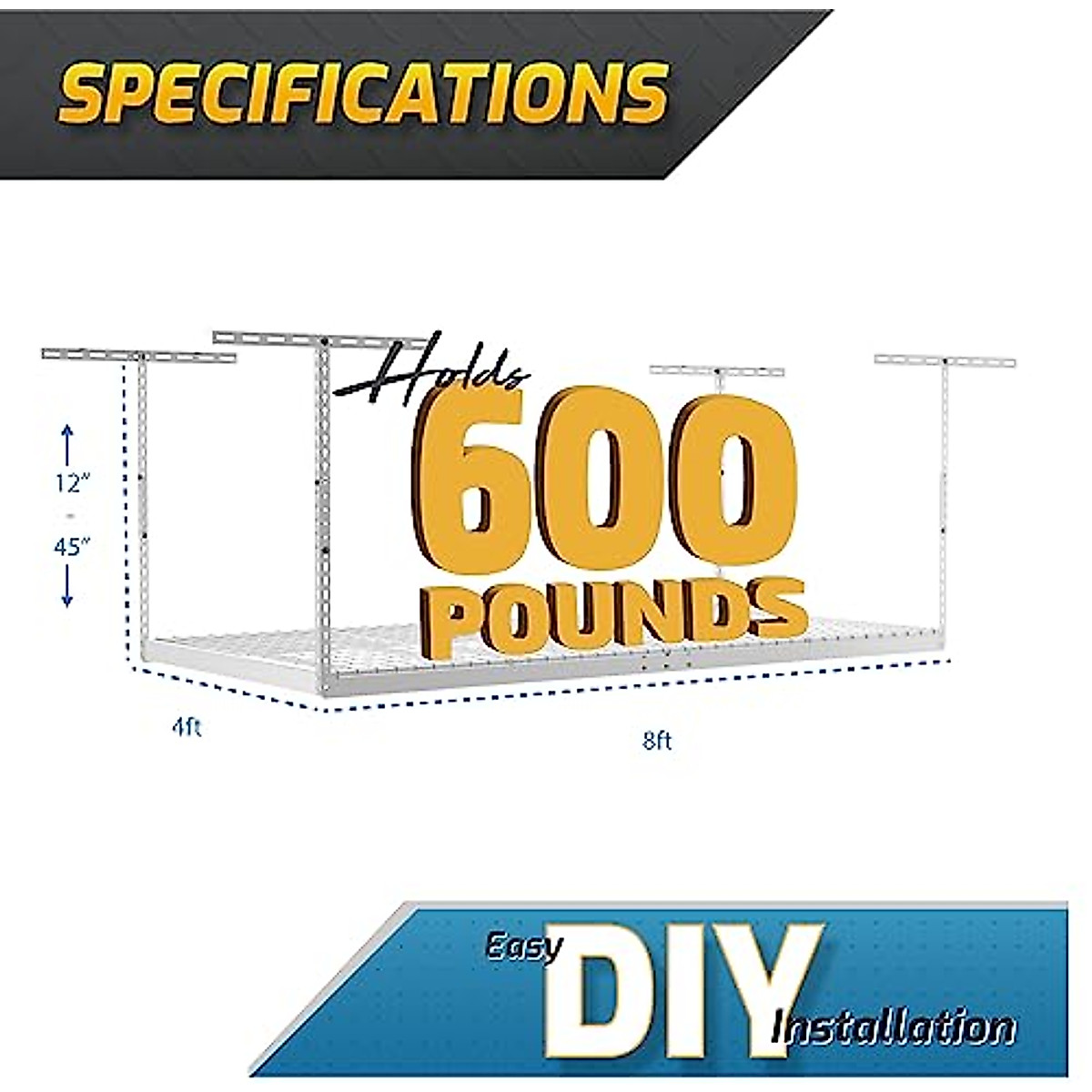 MonsterRax Overhead Garage Storage Rack- 4 x 8 Ceiling Rack for Garage Shelving, Organization, & Storage, Adjustable Hanging Storage for Bikes, Equipment & Accessories (White, 18"-33", 2-Pack).