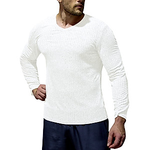 CTU Men's Fashion Athletic T-Shirts Long Sleeve Shirts Workout V Neck Solid Color Tee Shirt Top White