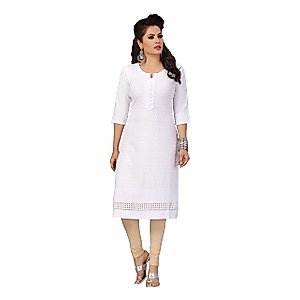 ladyline Rayon Hakoba Chikhan Embroidery & Sequins work Kurti for Womens Tunic Top Indian Kurta (White, Size-46)