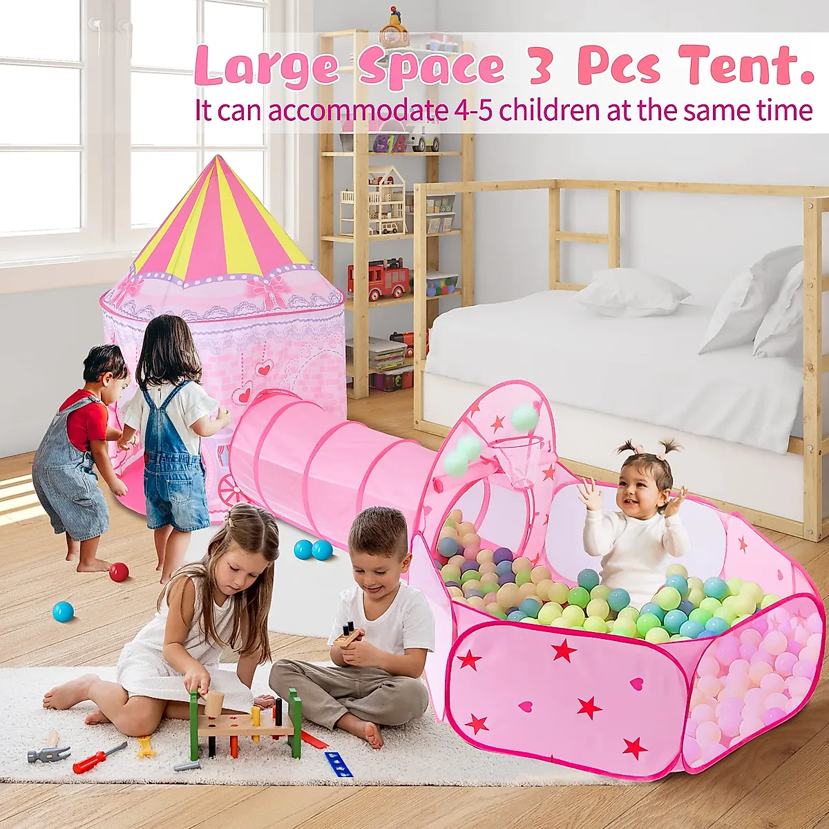 LOJETON 3pc Princess Fairy Tale Kids Play Tent, Oval Crawl Tunnel, Ball Pit for Toddlers, Indoor Outdoor Playhouse Castle Toys, Baby Boys Girls for 3 4 5 6 7 Years Old (Balls Not Included)