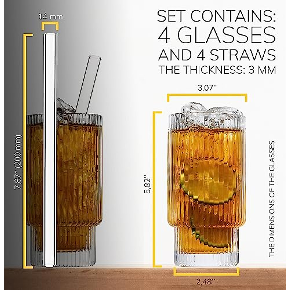 Huge Estate 16OZ Ribbed Glassware, Luxurious Glass Drinking Cups with Matching Straws – Vintage Drinking Glasses for Water Iced Coffee Smoothie Juice – 4pcs Ribbed Glasses