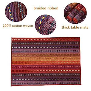 Red-A Hand Woven with 100% Cotton Placemats Colorful Placemats Braided Ribbed Durable Heat-Insulation Table Mats Set of 6,Rainbow