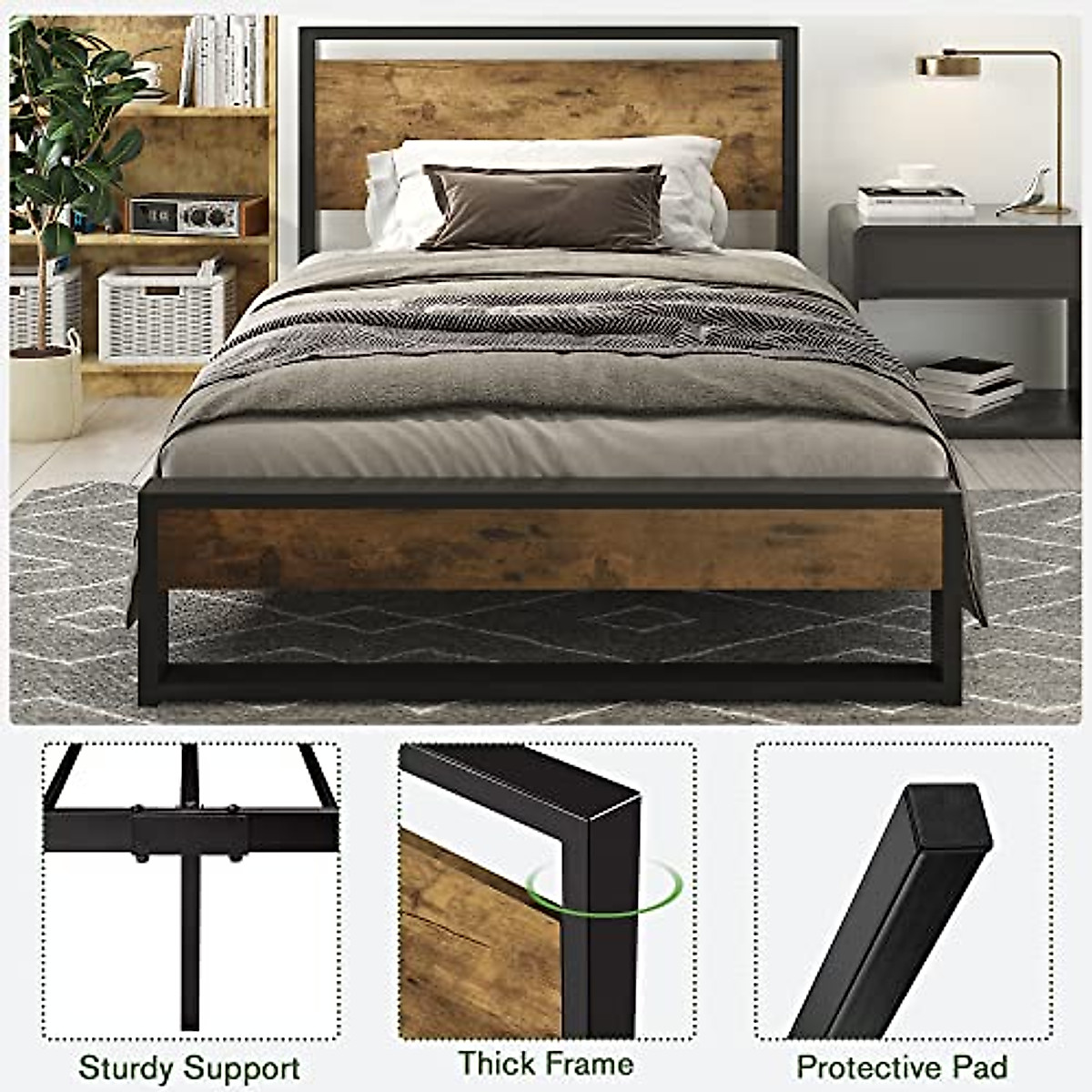 IMUsee Twin Bed Frame with Wood Headboard, Rustic Farmhouse Twin Platform Bed Frame for Kids with Heavy Duty Strong Metal Slats Support, Modern Bed Framework, No Box Spring Needed, Easy Assembly