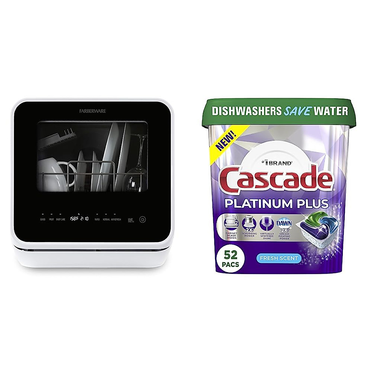 Farberware Portable Countertop Dishwasher with 5-Liter Built-in Water Tank - 5-Program System for Home & Cascade Platinum Plus Dishwasher Pod, Dishwasher Detergent