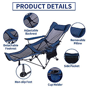 MYCOQU Camping Lounge Chair, Oversized Folding Reclining Camping Chair, Portable Recliner with Footrest, Carry Bag and Cup Holder, 320 Ibs Weight Capacity(Blue)