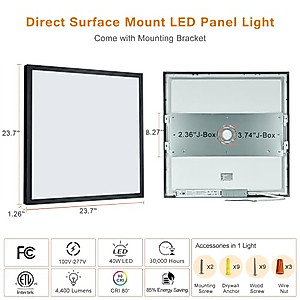Mcacggo 2x2 FT LED Flush Mount Panel Light 5000K 4000K 3000K Selectable & Dimmable, Black Square Surface Mount led Ceiling Light, 40W, 4400LM, 100-277V, ETL Listed, 2 Pack