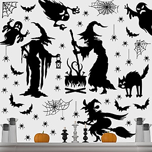 Cholemy 4 Sheets Halloween Wall Decals 35.4 x 11.8 Inch Halloween Wall Sticker Large Witch Spider Bat Pumpkin Wall Decals Removable Halloween Wall Clings for Home Party Decor Supplies