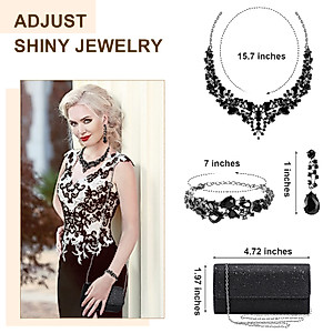 4 Pcs Women Rhinestone Jewelry Set Floral Wave Teardrop Crystal Wedding Necklace Earrings Floral Cluster Wave Bracelet Glitter Envelope Evening Bag Handbag Party Bridal Purse (Simple Style)