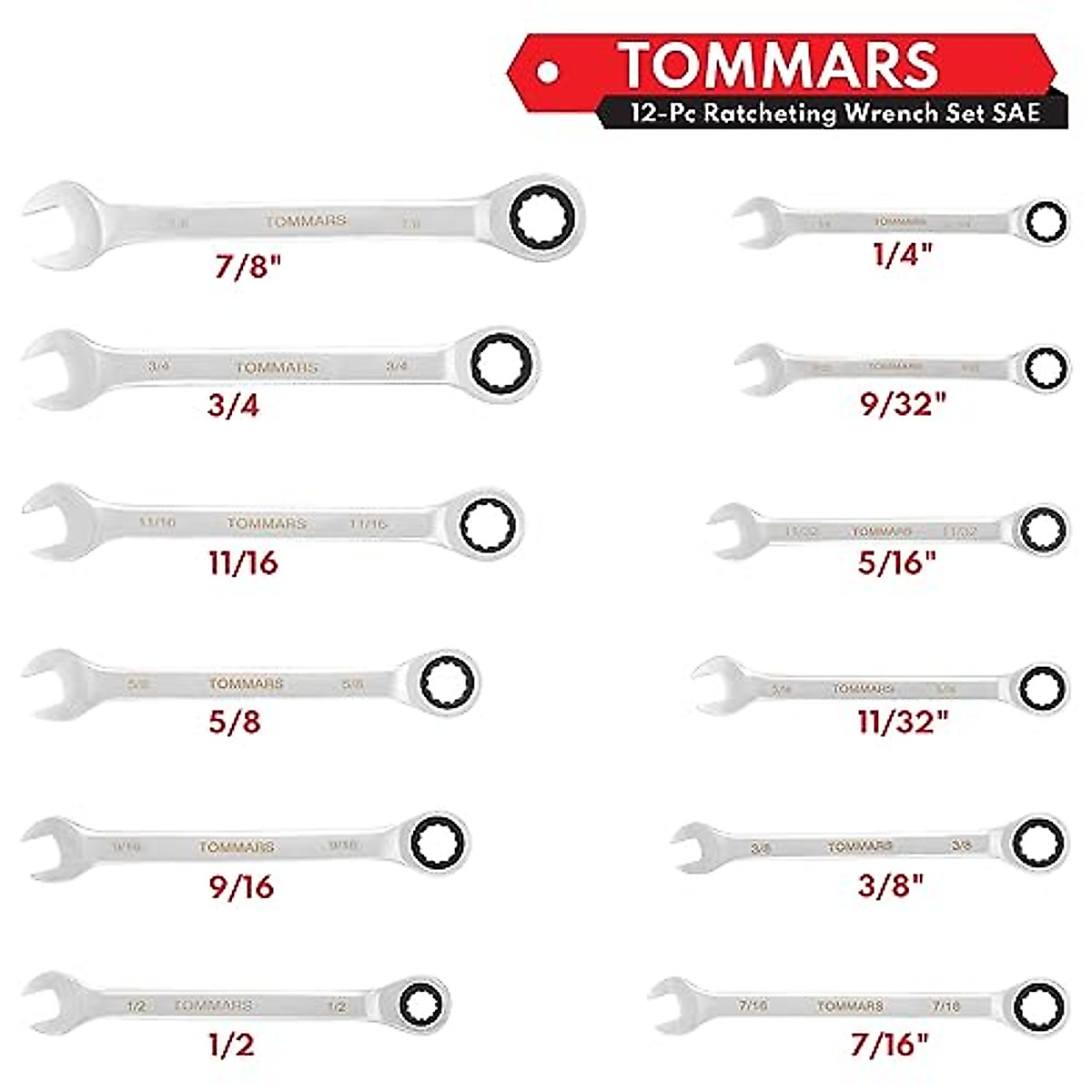 TOMMARS SAE Ratcheting Wrench Set, 1/4" - 7/8", 12-Pc Head Ratchet Combination Combo Socket Wrenches, Cr-V Steel