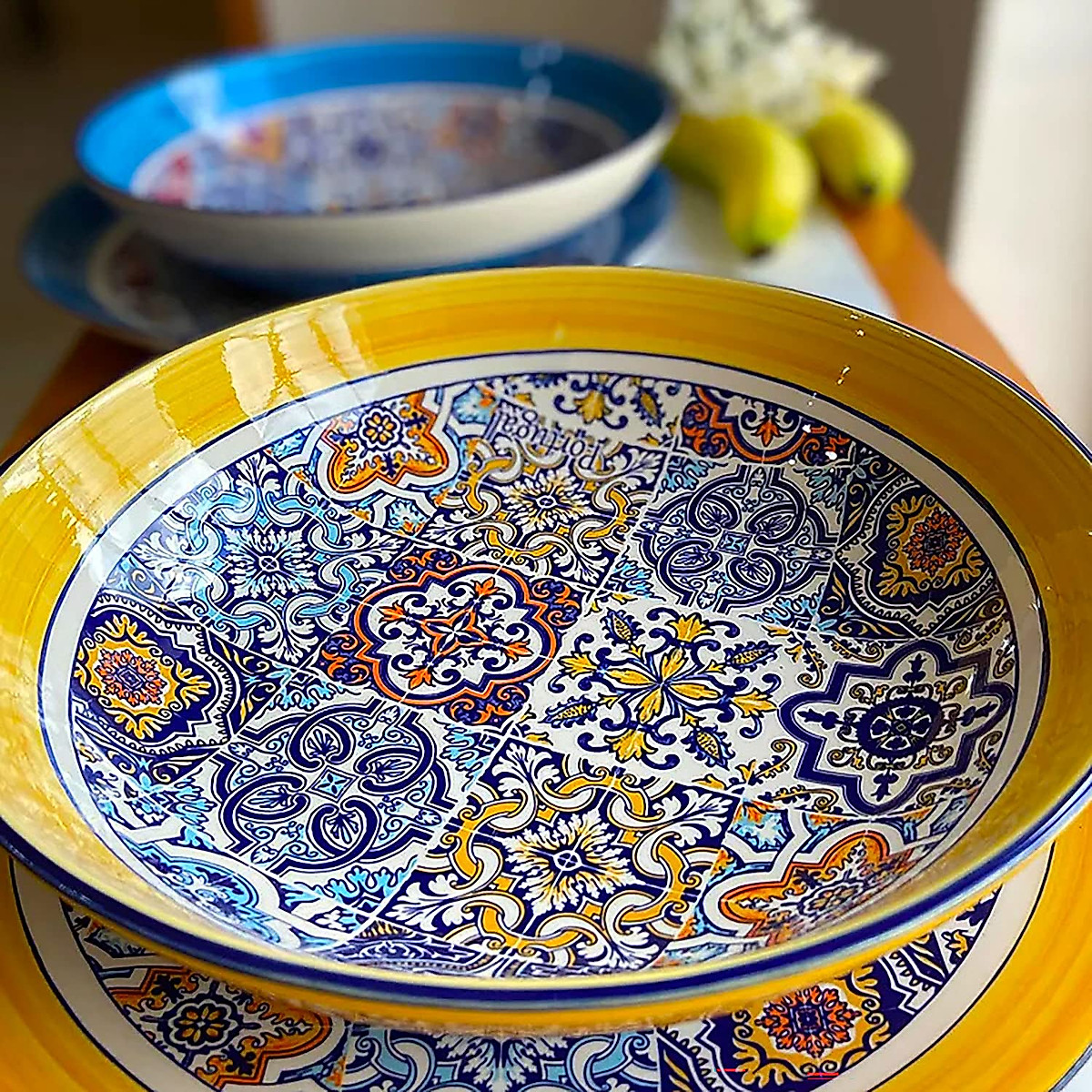 Alcoa Arte Portuguese Pottery Alcobaca Ceramic Decorative Salad Serving Bowl (Yellow) 023 10*10*2.5Inch (L x W x H)