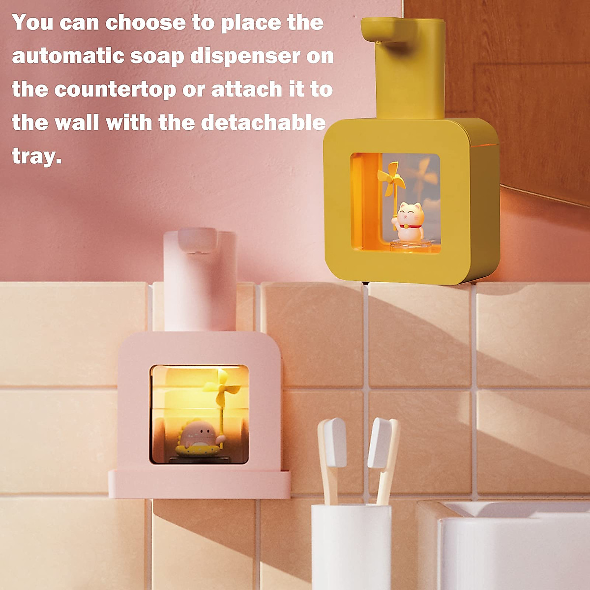 AMYESE Cute Automatic Soap Dispenser - Kids Touchless Pink Hand Soap Dispenser,Wall Mount Waterproof USB Rechargeable, 13.5oz/ 400ml for Bathroom Countertop, Kitchen, Office, Hotel, Preschool Children