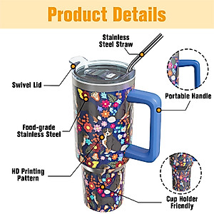 owbgsdh Bernese Mountain Dog Gifts for Women Lovers 40 oz Floral Bernese Mountain Tumblers with Handle and Straw, Stainless Steel Vacuum Insulated Travel Coffee Mug Cup Water Bottle
