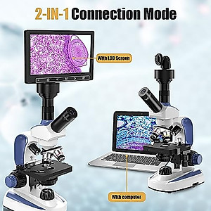 Upgrade Compound Monocular Microscope with 40X-2500X, Dual-View Microscope for Adults, Wide-Field 10X and 25X Eyepieces, Dual Illumination, Built-in 5MP Camera with 7’’ LCD Screen, Abbe Condenser