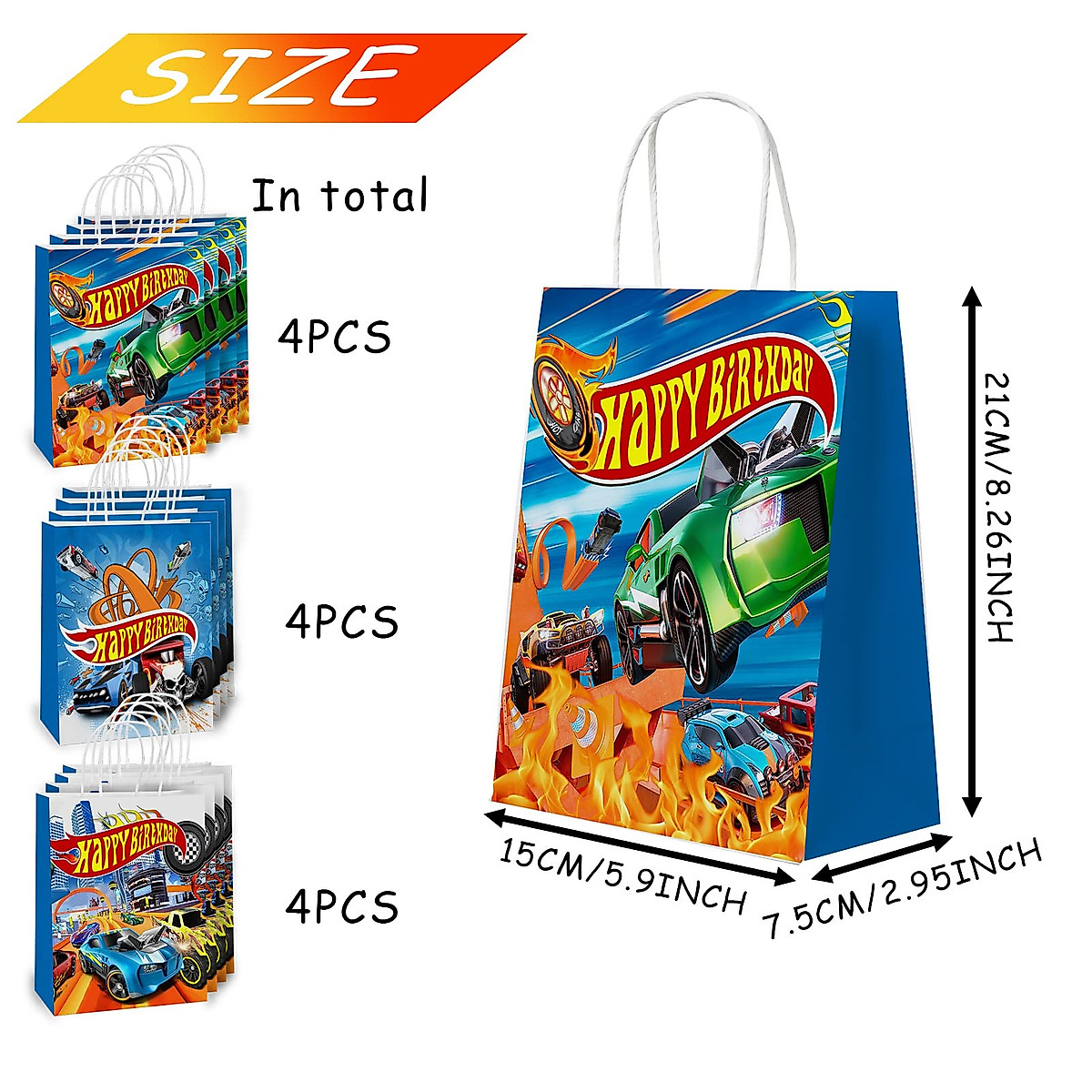 MeriHap 12Pcs Hot Car Happy Birthday Party Decoration Gift Bags Wheels Wild Wheels Race Car Candy Bags for Birthday 3 Styles Party Favors Gift Bags Party Game Party Supplies