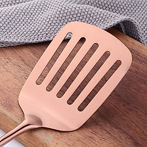 7 Pcs Round Handle Cooking Utensil Set, 304 Stainless Steel Rose Gold Titanium Plated Cookware Sets with Public Fork/Spoon, Potato Mashers, Slotted Spatula, Soup Ladle, Pasta Server, Kitchen Tool