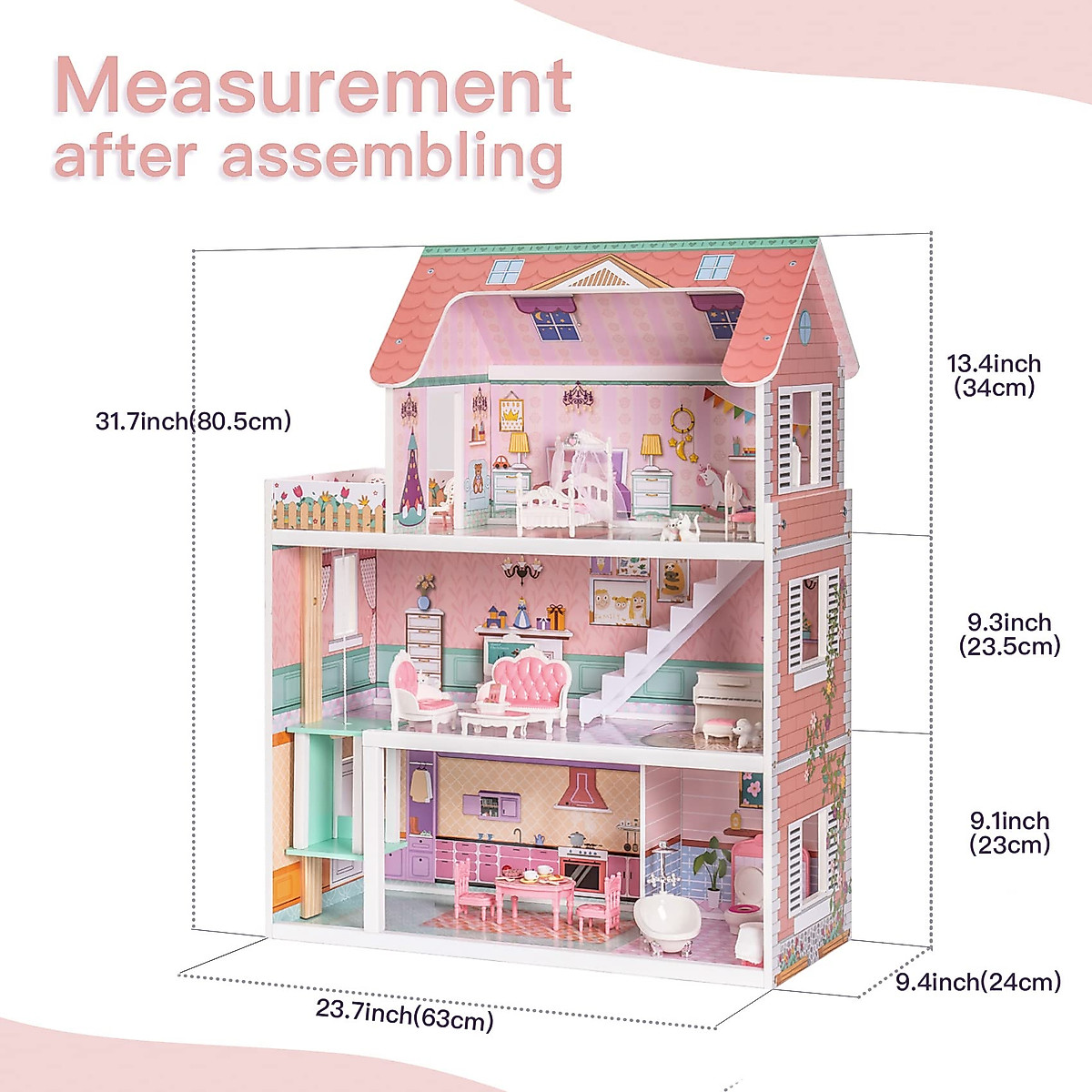 ROBUD Wooden Dollhouse with Elevator 20pcs Furniture 3-Storey Preschool Toy Dollhouse for Kids Girls