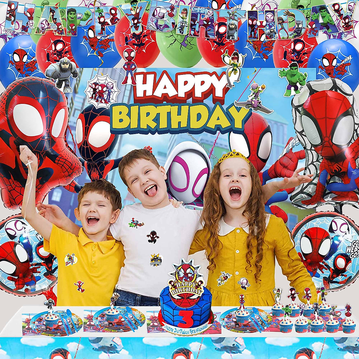174 Pcs Amazing Friends Birthday Decorations, Include Banner, Backdrop, Balloons, Tablecloth, Spidey Plates, for Amazing Friends Theme Birthday Party Decorations (Serve 10 Guest)