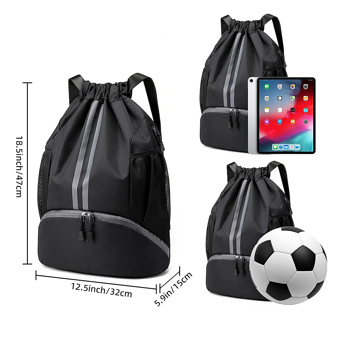 Valleycomfy Sports Drawstring Backpack - Water Resistant String Bag with Side Mesh Pockets Shoe Compartment Gym Backpack for Women & Men Black
