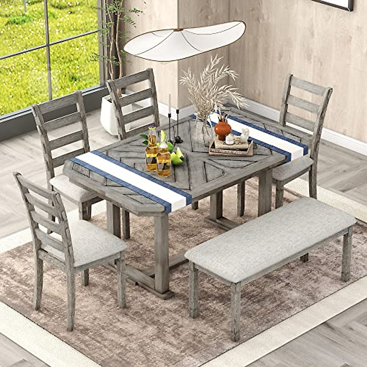 Merax 6-Piece Rubber Wood Dining Table Set with 4 Cushioned Chairs and Bench, Beautiful Grain Pattern Tabletop, Light Gray-6pcs