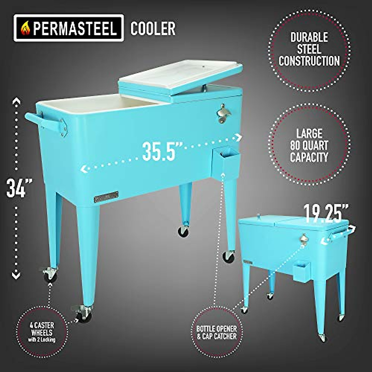 Permasteel PS-203-TURQ-AM 80 Quart Portable Rolling Patio Cooler, Turquoise