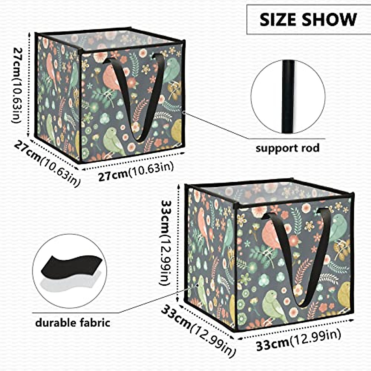Kigai Retro Flowers Birds Cube Storage Bins, 13x13x13inch Collapsible Fabric Storage Cubes Organizer with Handles Decorative Storage Baskets for Home, Shelf, Closet