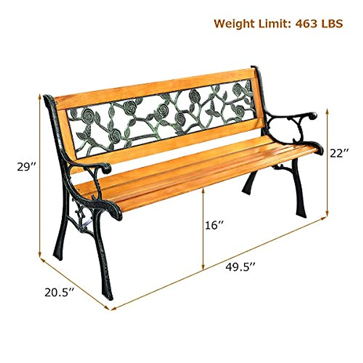 Giantex 50'' Patio Park Garden Bench, Outdoor Furniture Rose Cast Iron Hardwood Frame Porch Loveseat for 2 Person Outdoor Clearance