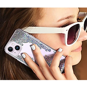 Coolwee Anti Yellowing Clear Glitter Compatible iPhone 14 Case, 6.1 inch, Military Grade Drop Protection Slim Crystal Lace Bling Floral Hard PC Soft TPU Bumper Cover Mandala Henna