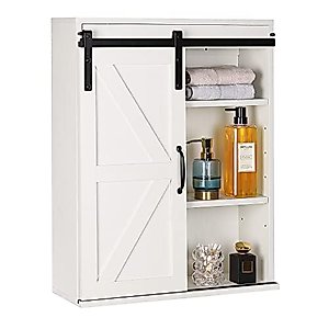 RUSTOWN Farmhouse Wood Wall Storage Bathroom Cabinet with Sliding Barn Door, Rustic Medicine Cabinet with Adjustable Shelf, 3-Tier Vintage Cabinet for Kitchen, Bathroom, Living Room (Vintage White)
