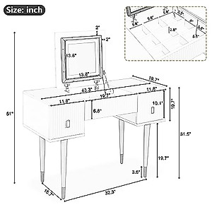 JIVOIT Vanity Table Set, 43.3" Modern Vanity Table Set with Flip-top Mirror and LED Light, Dressing Table with Customizable Storage, Vanity Dressing Table for Bedroom Women Girls (White+Gray 7)