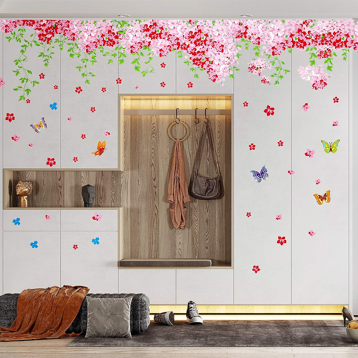 RW-239 Pink Flowers Wall Decals 3D Warm Peach Blossom Wall Stickers DIY Removable Butterfly Cherry Floral Green Tree Leaf Wall Art Decor for Kids Girls Bedroom Living Room Nursery Decoration