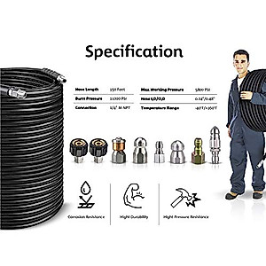 Sewer Jetter kit for Pressure Washer, 150 feet Hose, 1/4 Inch Drain Cleaning Hose,Button Nose & Rotating Sewer Jetting Nozzle,Sewer Jet kit for Pressure Washer,Jetter Hose, 4.5, 5.5, 4000 PSI (Black)
