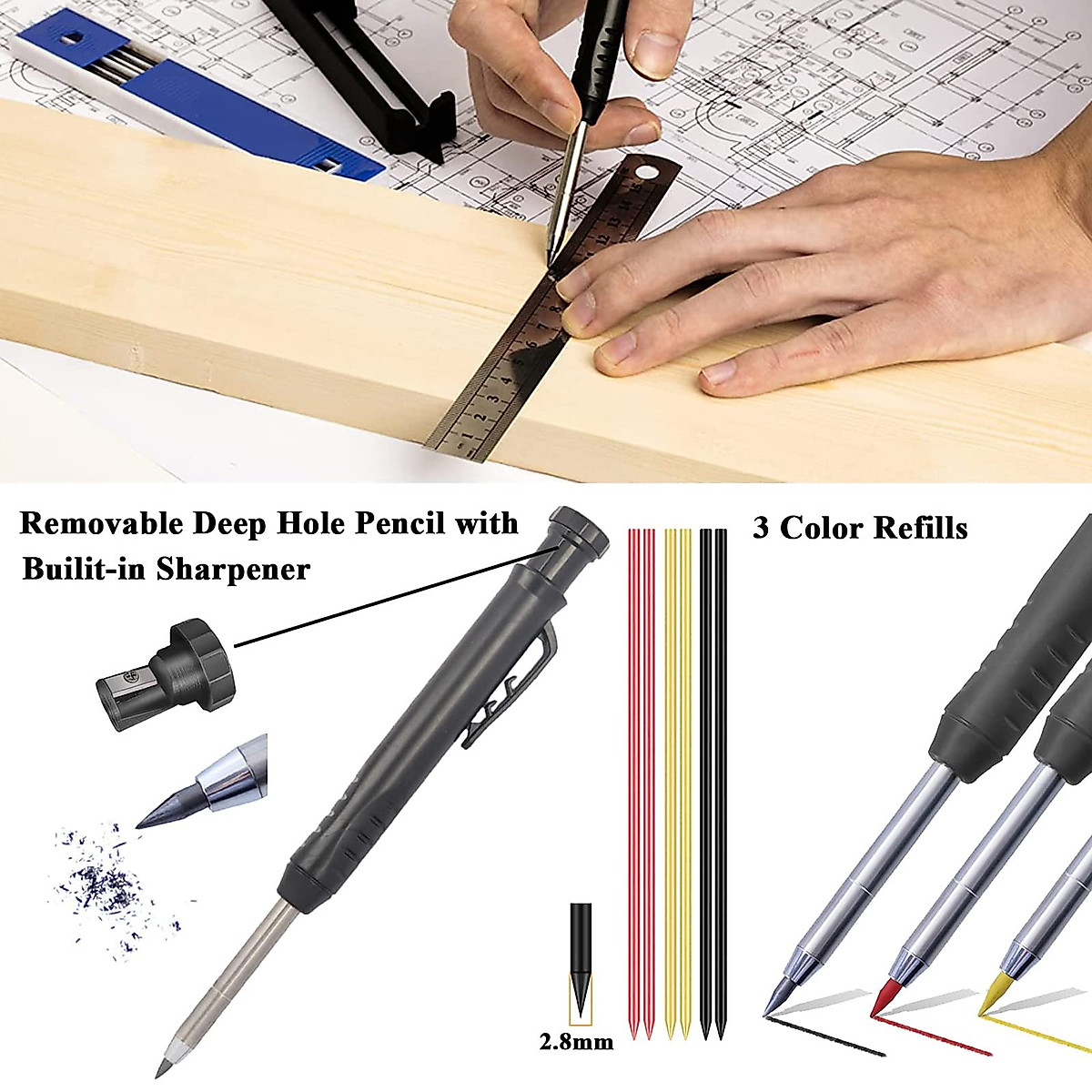 Multi-function Scribing Tool,Construction Pencil,Aluminum Alloy Scriber Marking Tool,DIY Woodworking Scriber Line Measuring Tool With 3 Color Refills