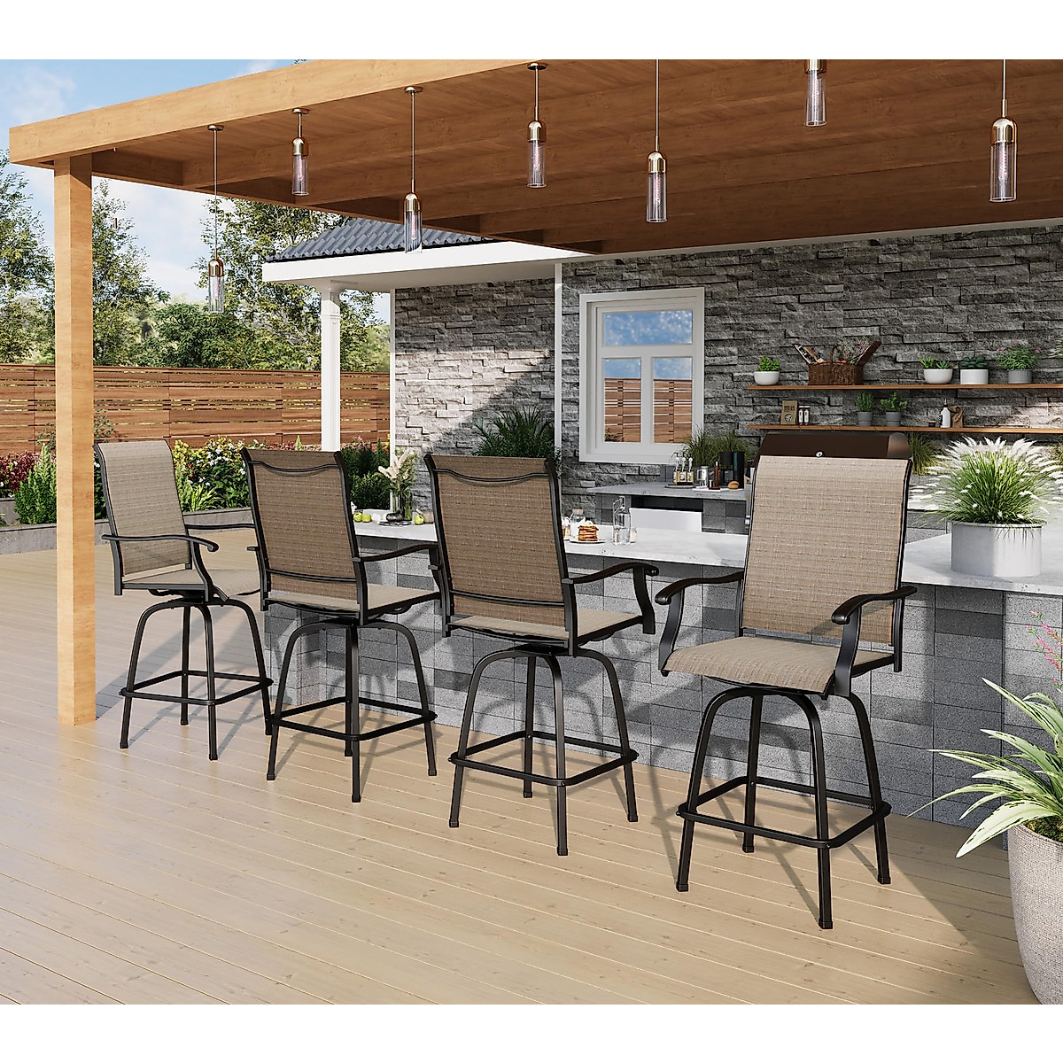 PHI VILLA Outdoor Bar Stools Set of 4, Swivel Patio Bar Stools & Chairs with 30" Seat Height & Brown Textilene Backrest, Tall Outdoor Chairs Bar Funiture for Outside, Porch and Yard