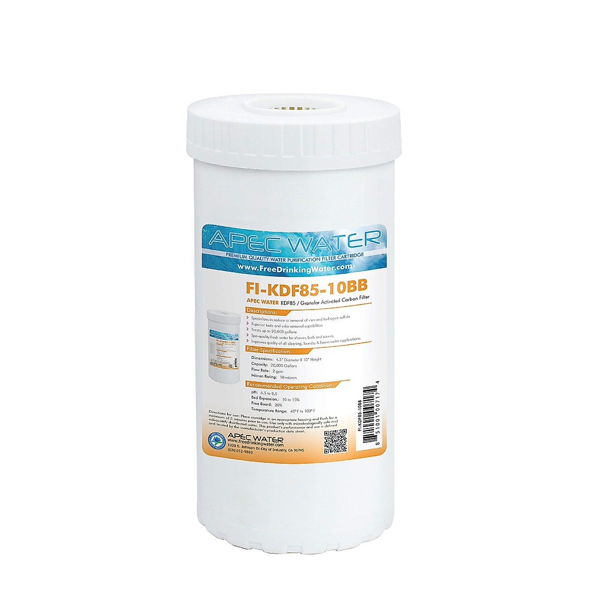 APEC Water Systems FI-KDF85-10BB US Made Iron and Hydrogen Sulfide Reduction Replacement Water Filter 4.5"x10", White