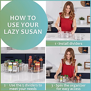 Clear Lazy Susan Organizer 12" & 9" Set - Lazy Susan for Refrigerator, Turntable for Cabinet with Removable Dividers, 12 Inch Pantry Lazy Susan, Plastic Turntable Organizer Solution - by Soveressence