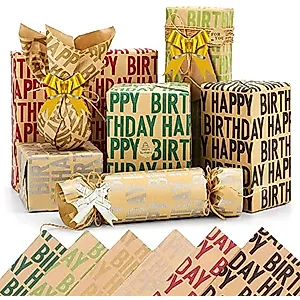 VETUZA Extra Large 40 x 28 Inches Folded Flat Happy Birthday Kraft Wrapping Paper Set of 6 (Extra Large Sheets: 47 sq. ft. ttl.) for Men Boys Women Adults Kids Girls