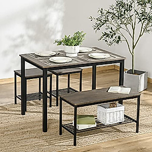 HOMCOM Industrial Dining Table Set, Kitchen Table and Chairs for 4, Dinner Table with Bench Set with Metal Frame & Storage Shelf, 4 Piece Dinette Set for Dining Room, Rustic Brown