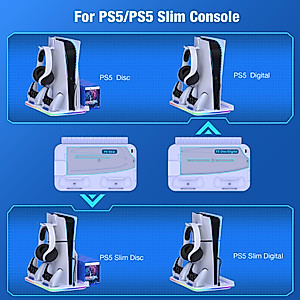 PS5 Stand PS5 Slim Stand with Cooling Station and Controller Charging Station for PS5 Slim Console Disc/Digital, PS5 Cooling Fan, RGB, Headset Holder, 15 Game Slot for Playstation 5 Accessories, White