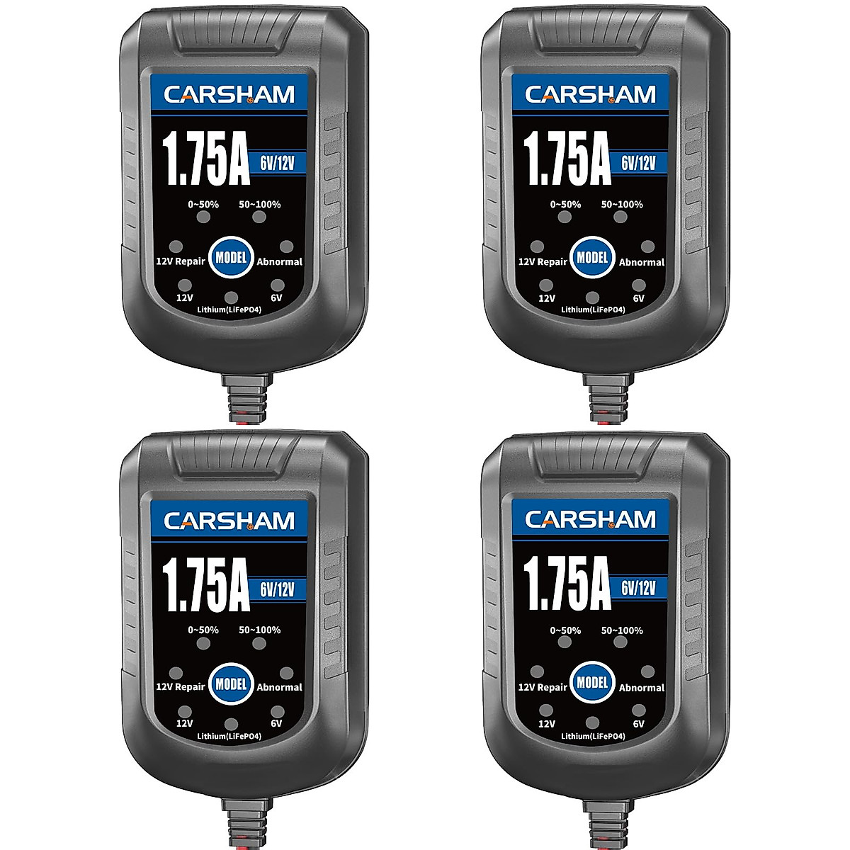 [4-Pack] CARSHAM Trickle Battery Charger 6V 12V Smart Float Charger Automatic Maintainer for Car Motorcycle Lawn Mower Tractor Automotive ATV Lead Acid and Lithium Batteries