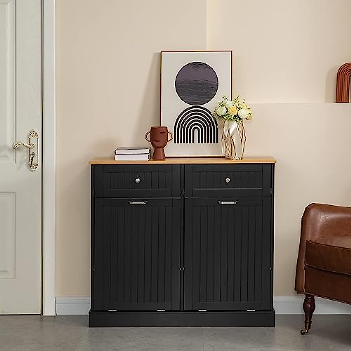 GAZHOME Kitchen Trash Cabinet Double Tilt Out Freestanding with Drawer,Kitchen Wooden Recycling Cabinet,Trash Can Holder with Storage (Black)