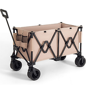 Devoko Collapsible Folding Wagon, 200L Outdoor Heavy Duty Beach Garden Wagon Cart with Big Wheels for Sand, Grocery Cart on Wheels, Beige