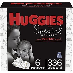 Hypoallergenic Baby Wipes, Unscented, Huggies Special Delivery Baby Diaper Wipes, Safe for Sensitive Skin, 99% Purified Water, 6 Push Button Packs (336 Wipes Total), 56 Count (Pack of 6)